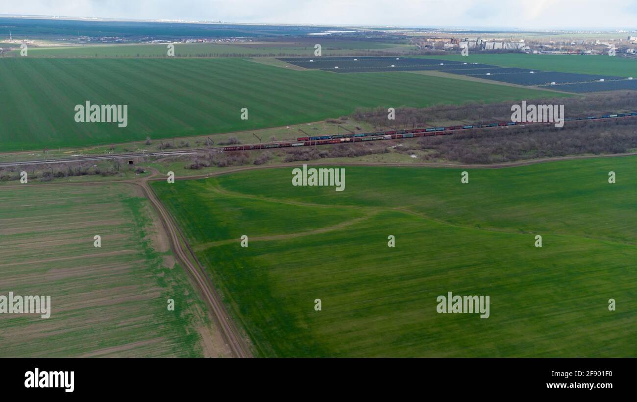 Railway station and trains top view. Photo from a helicopter Stock ...