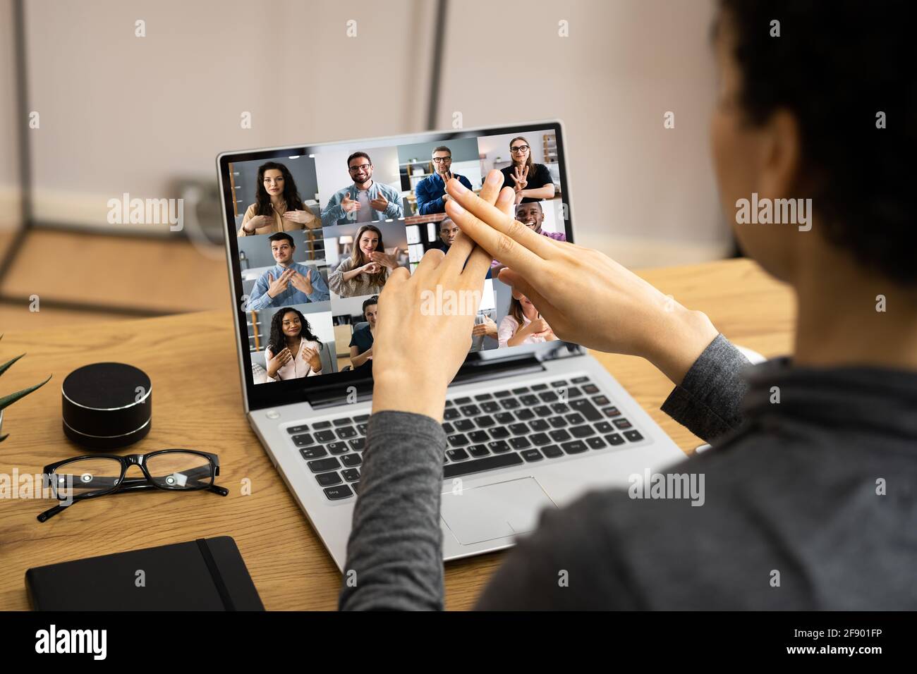 Online Meeting On Computer Using Sign Language Stock Photo - Alamy