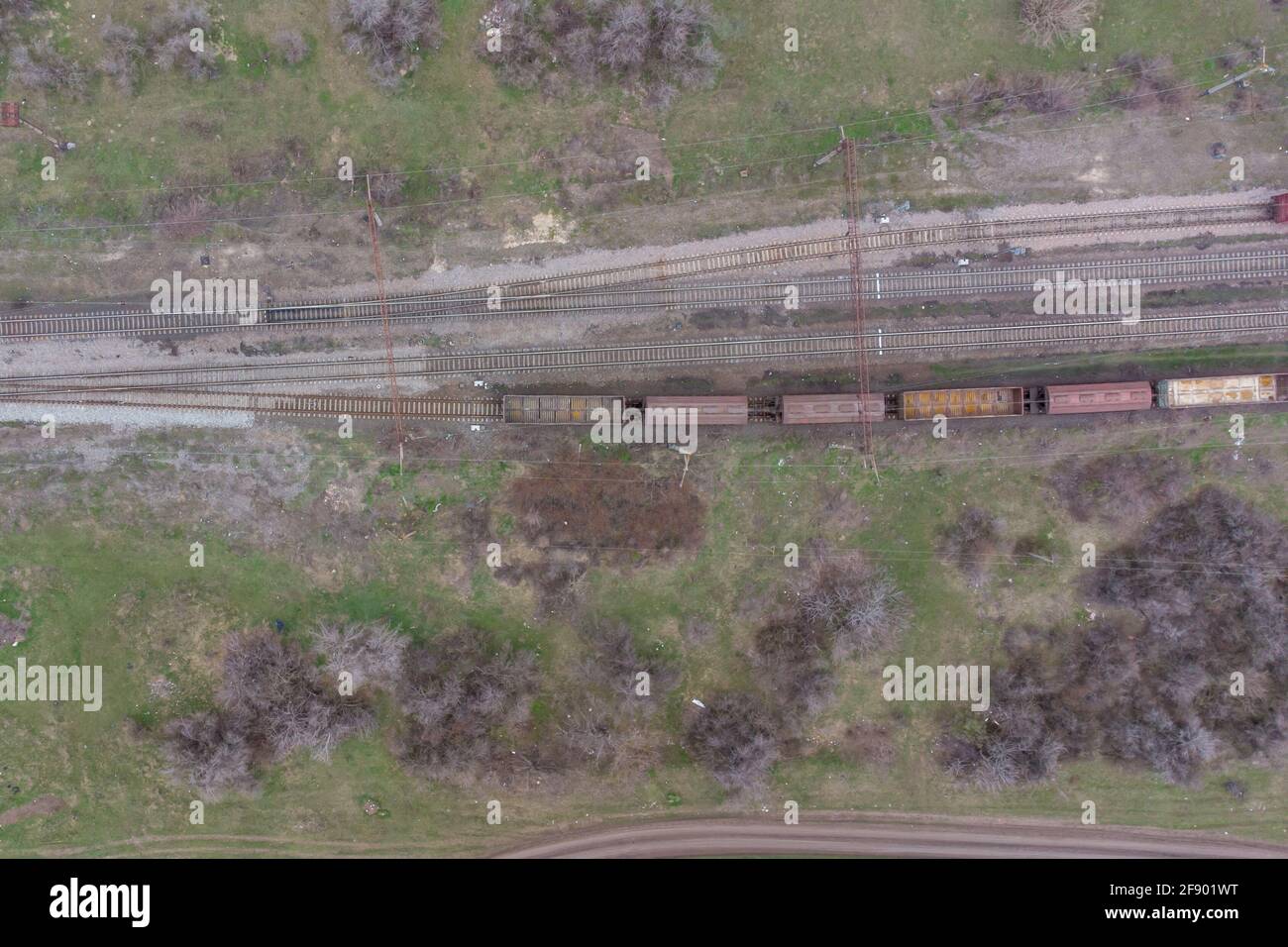 Railway station and trains top view. Photo from a helicopter Stock ...