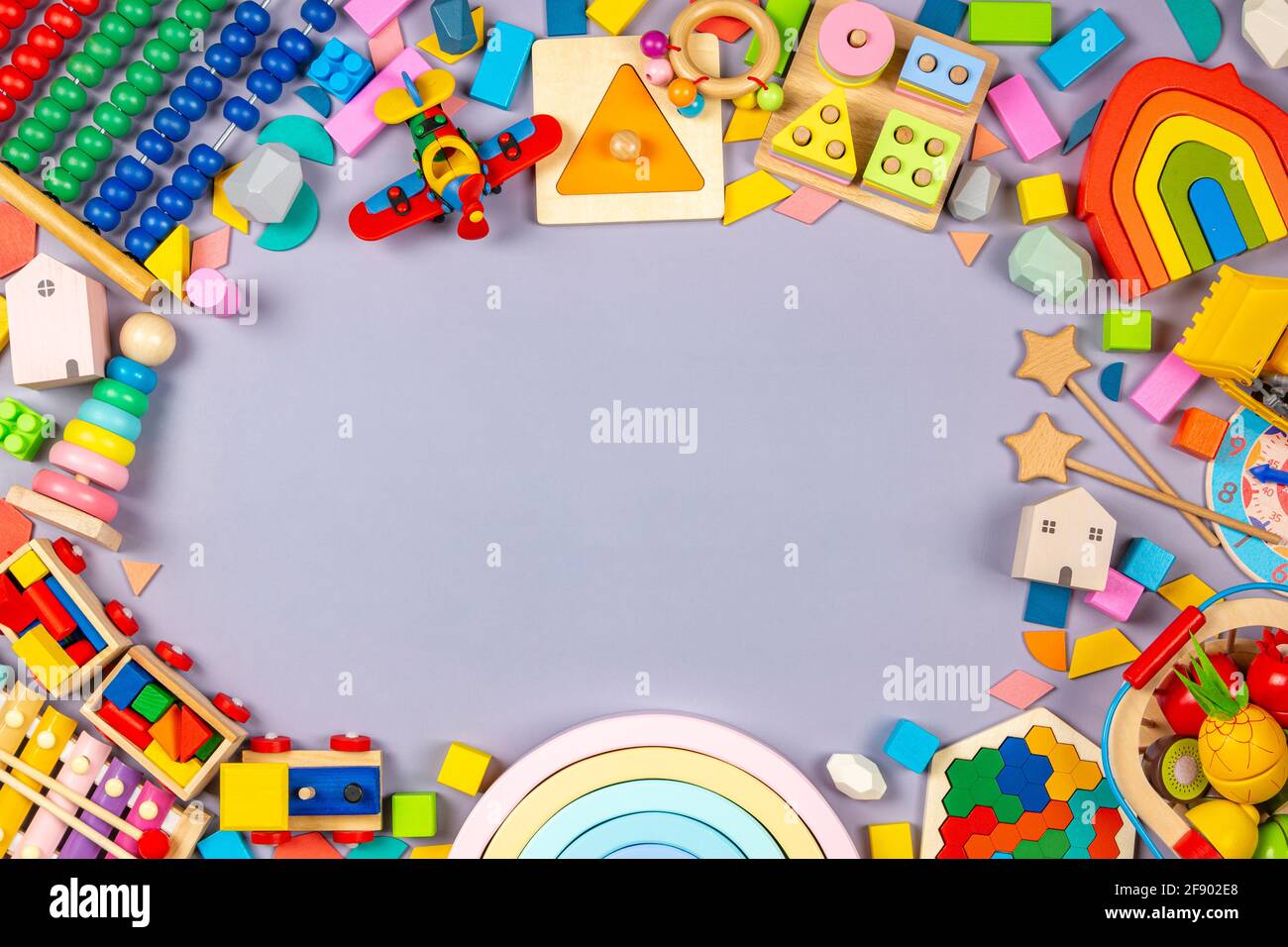 Baby kids toys frame. Colorful educational wooden plastic and fluffy ...