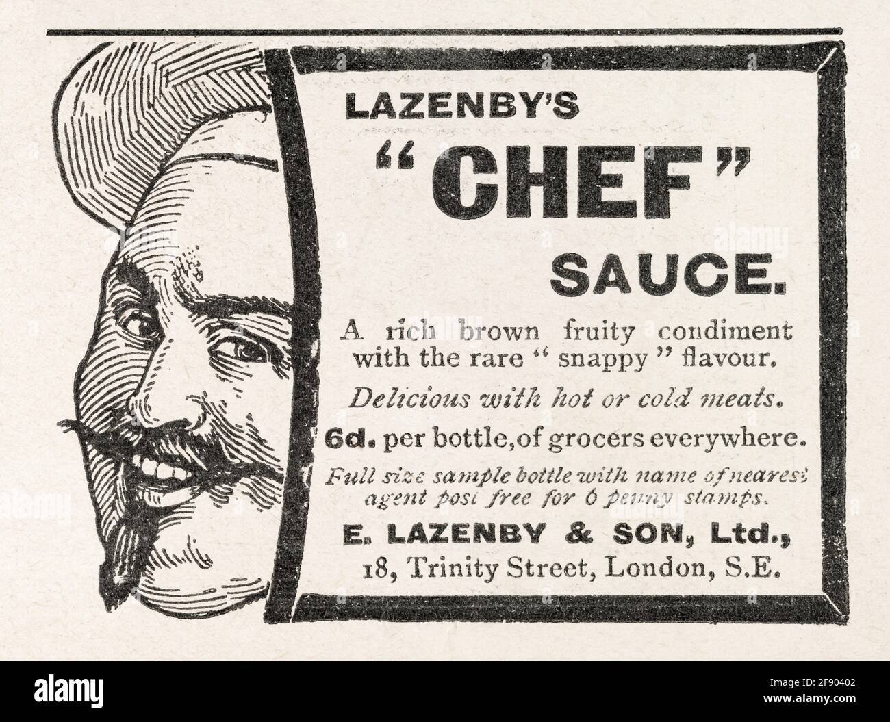 Old vintage Victorian Lazenby's Chef Sauce magazine advert from 1907 ...