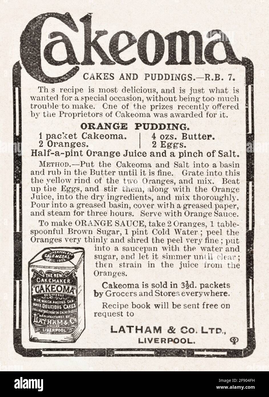 Old vintage Edwardian Cakeoma pudding mix magazine advert from 1911 ...