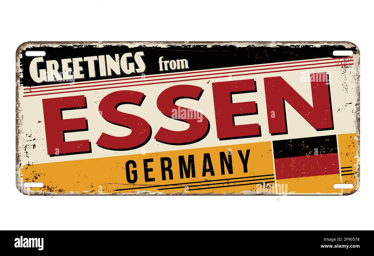Greetings from Essen vintage rusty metal plate on a white background ...