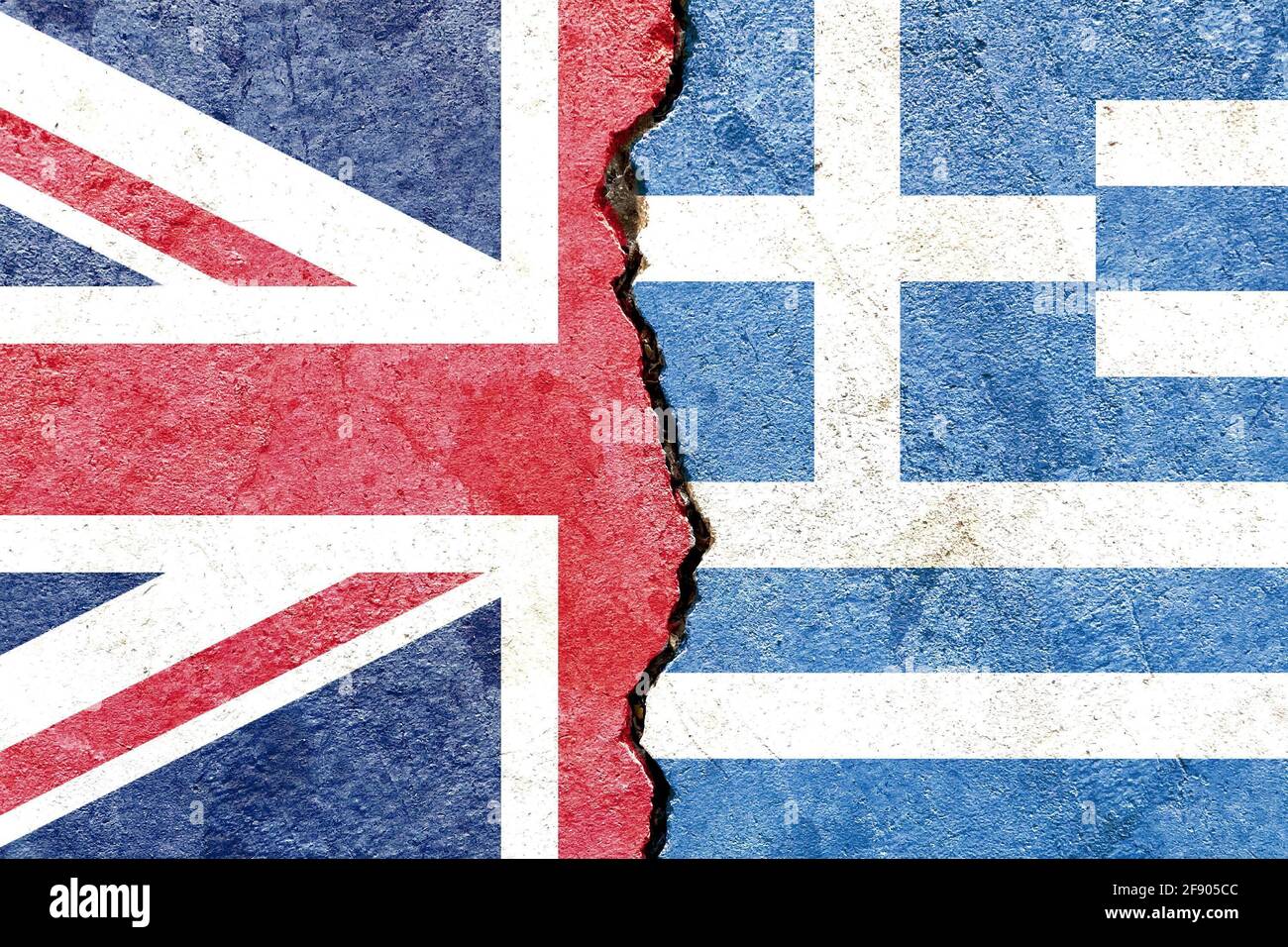 Flags of the UK and Greece on a cracked wall - international political ...