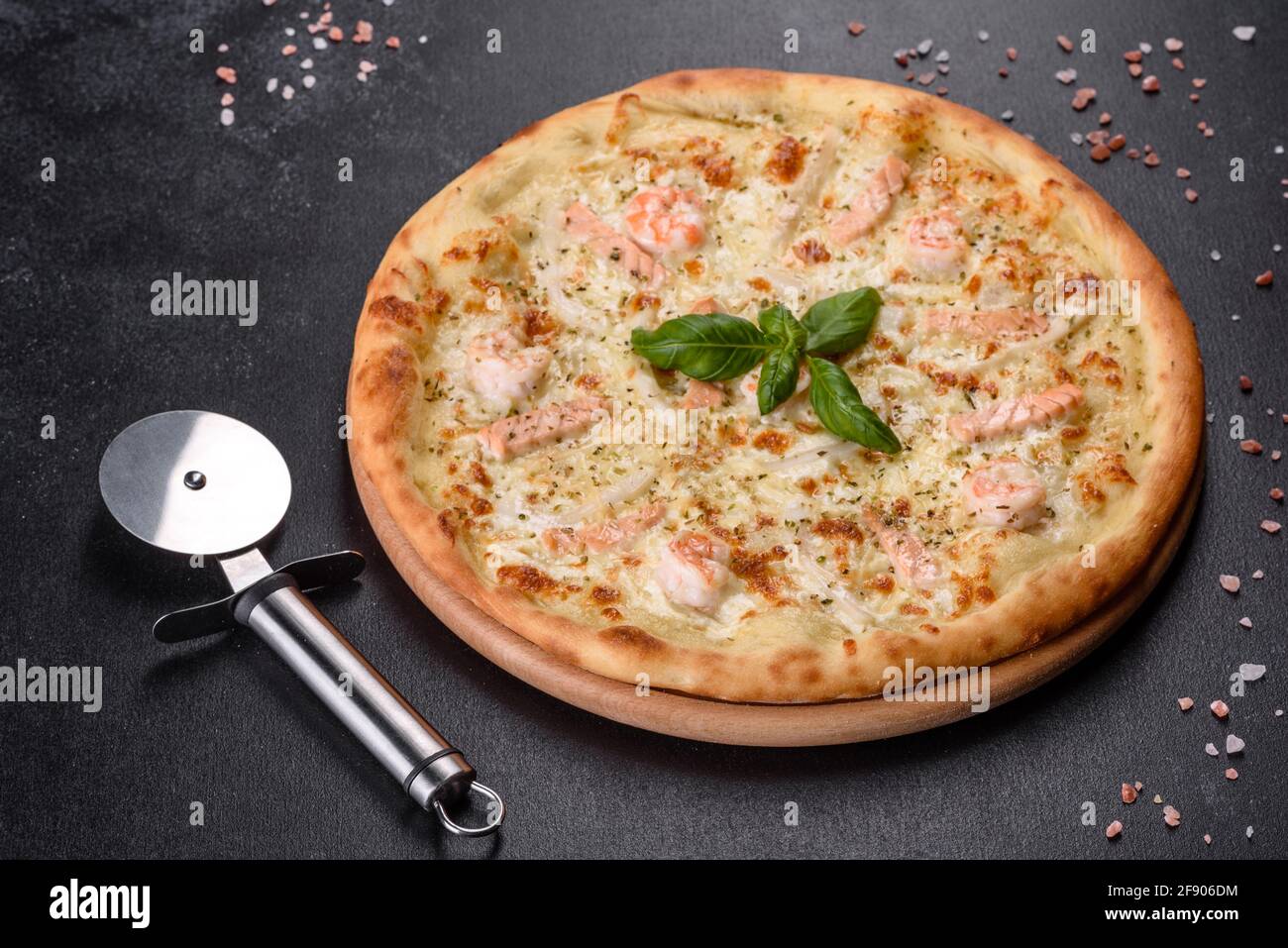 Delicious fresh seafood oven pizza: red fish and shrimp. Healthy food ...