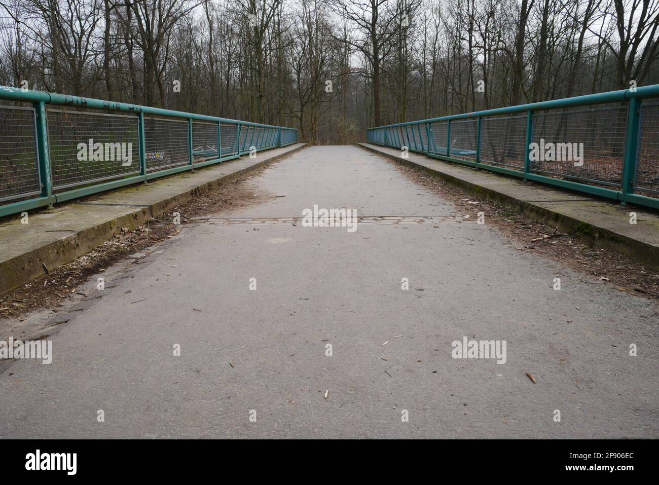 Pedestrian bridge with green metal railing with the way into a forest ...