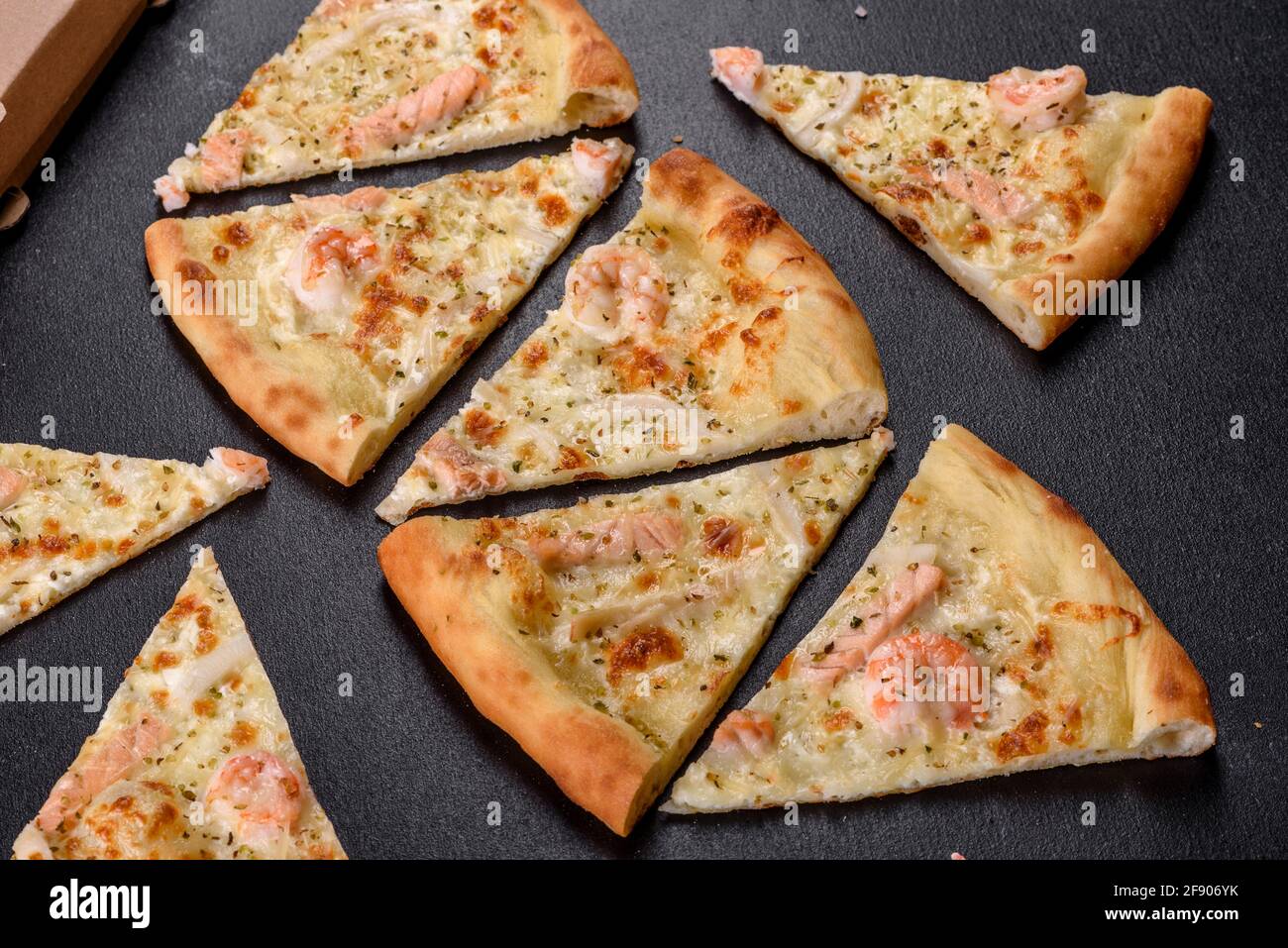 Delicious fresh seafood oven pizza: red fish and shrimp. Healthy food ...