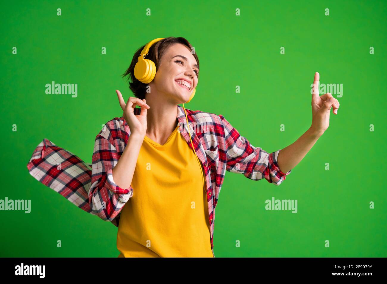 Profile photo of funky cute short hairstyle lady listen music dancing ...