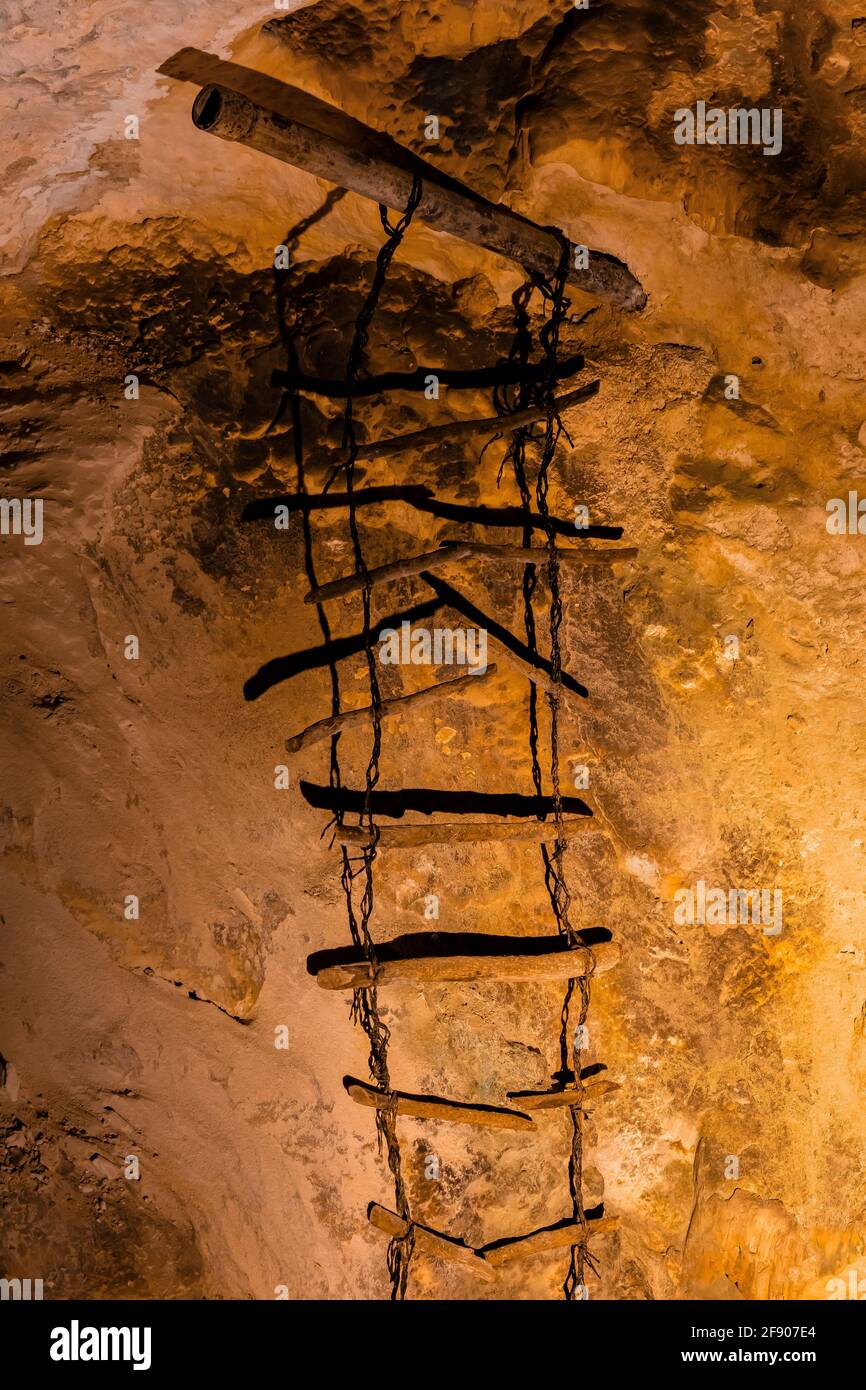 Historic wire ladder from 1924 exploration of the lower cave deep ...