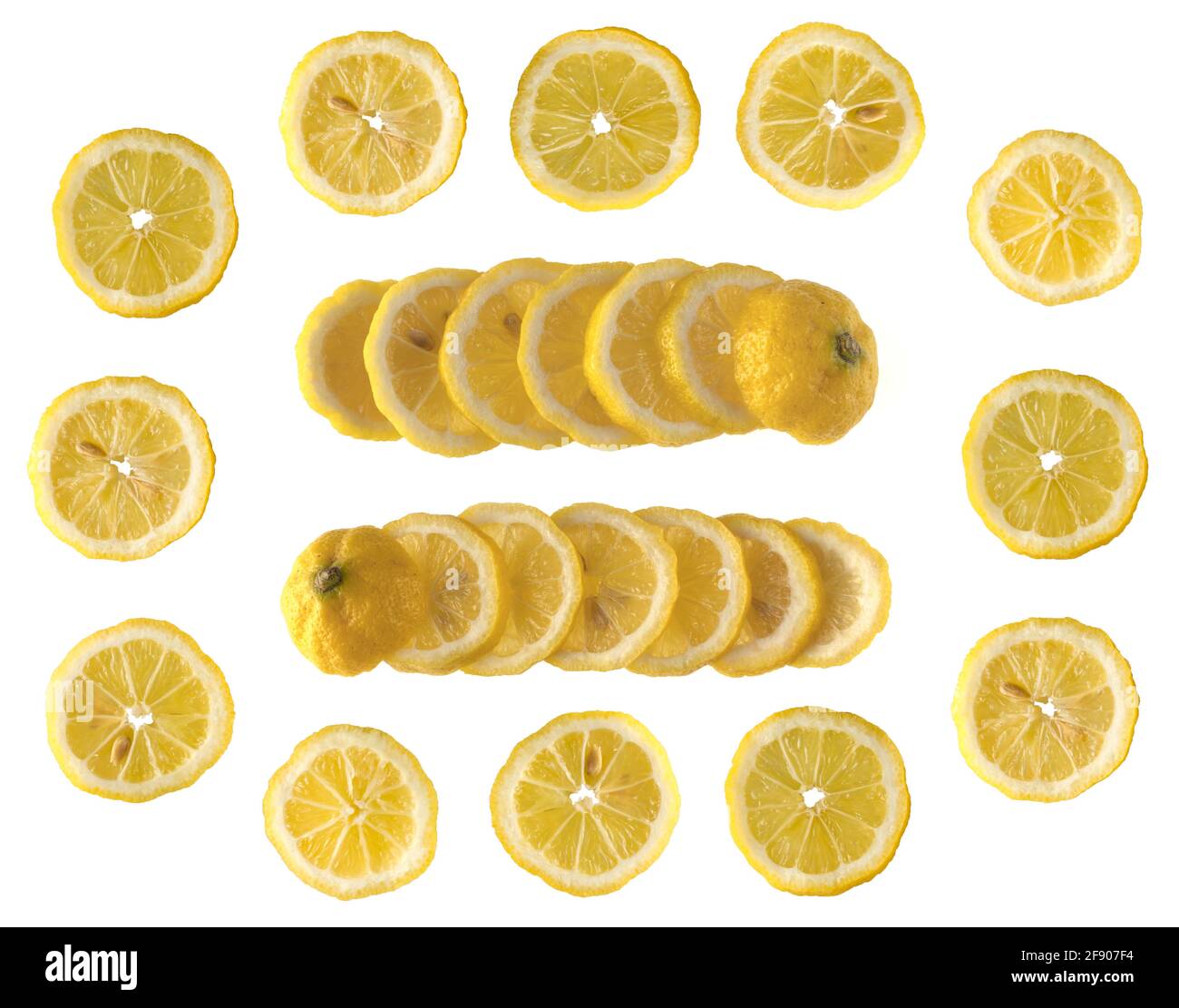 Collage of ripe lemon fruit cut into equal parts and laid out in rows ...