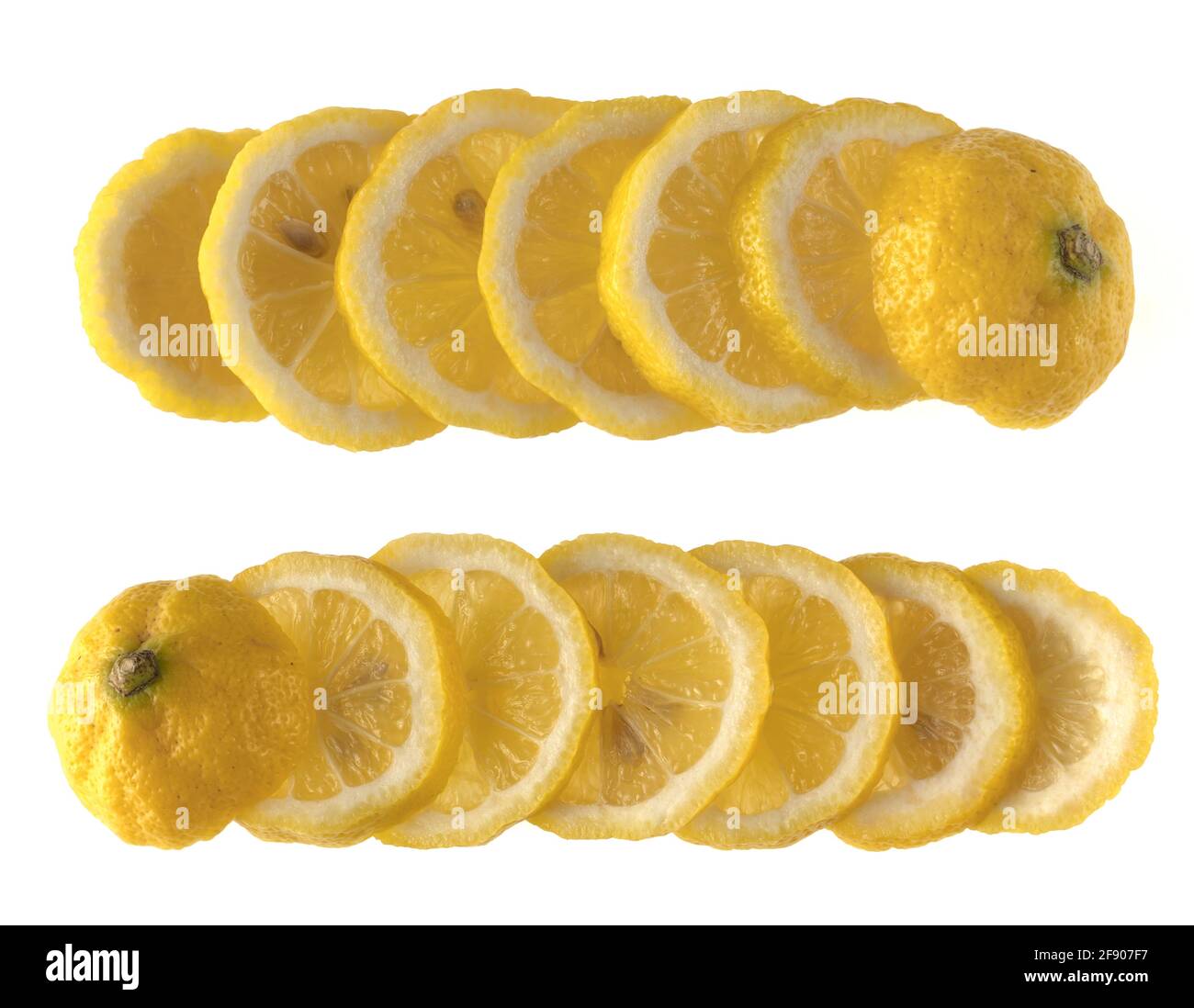 Collage of ripe lemon fruit cut into equal parts and laid out in rows ...