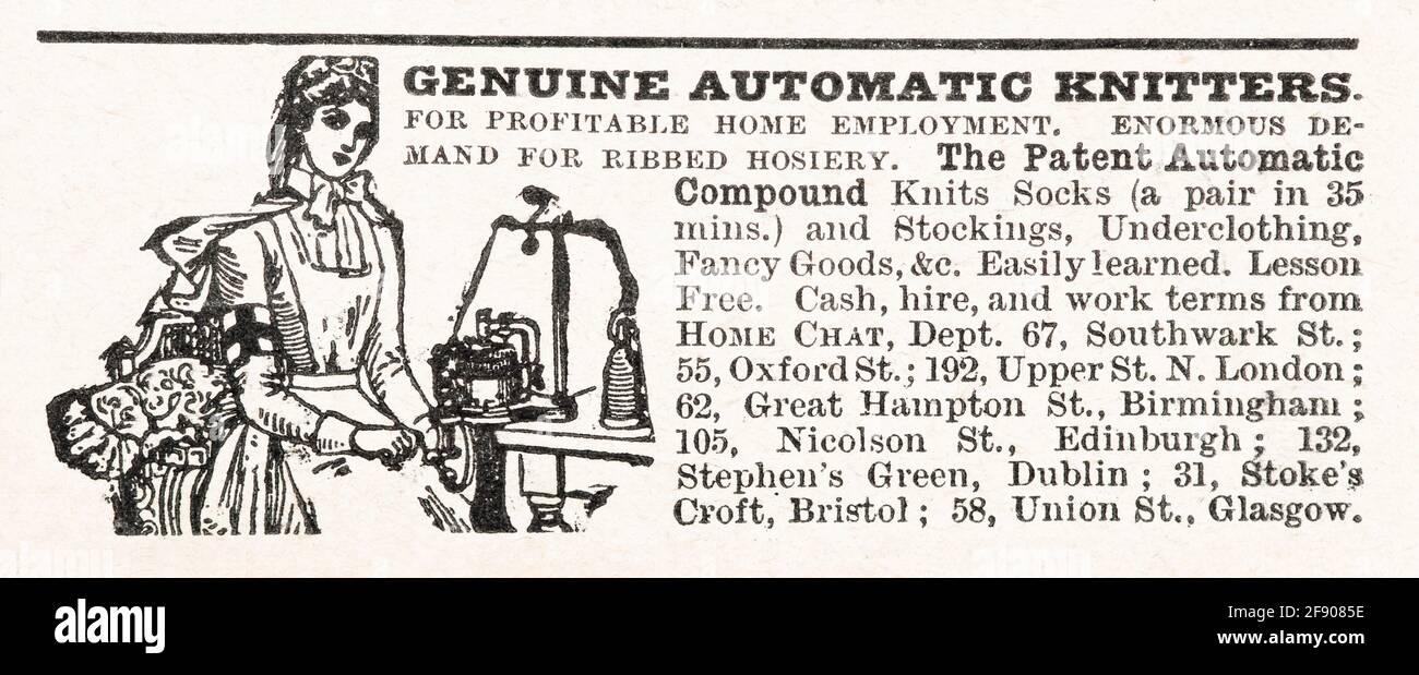 Old vintage Victorian home worker knitting machine advert from 1902 ...