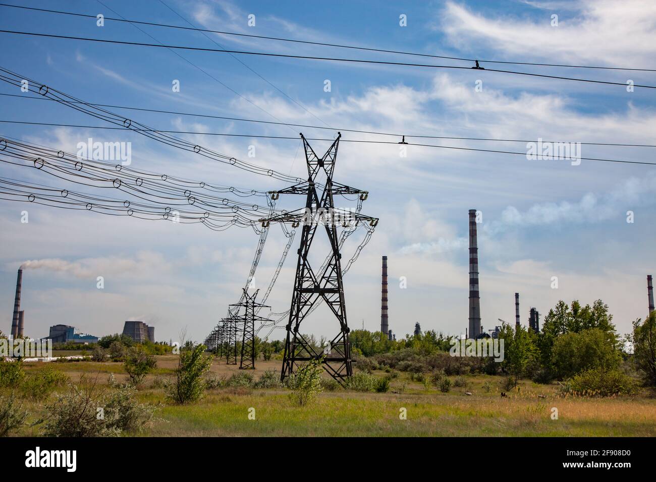 High-voltage transmission line and electric tower and power station ...