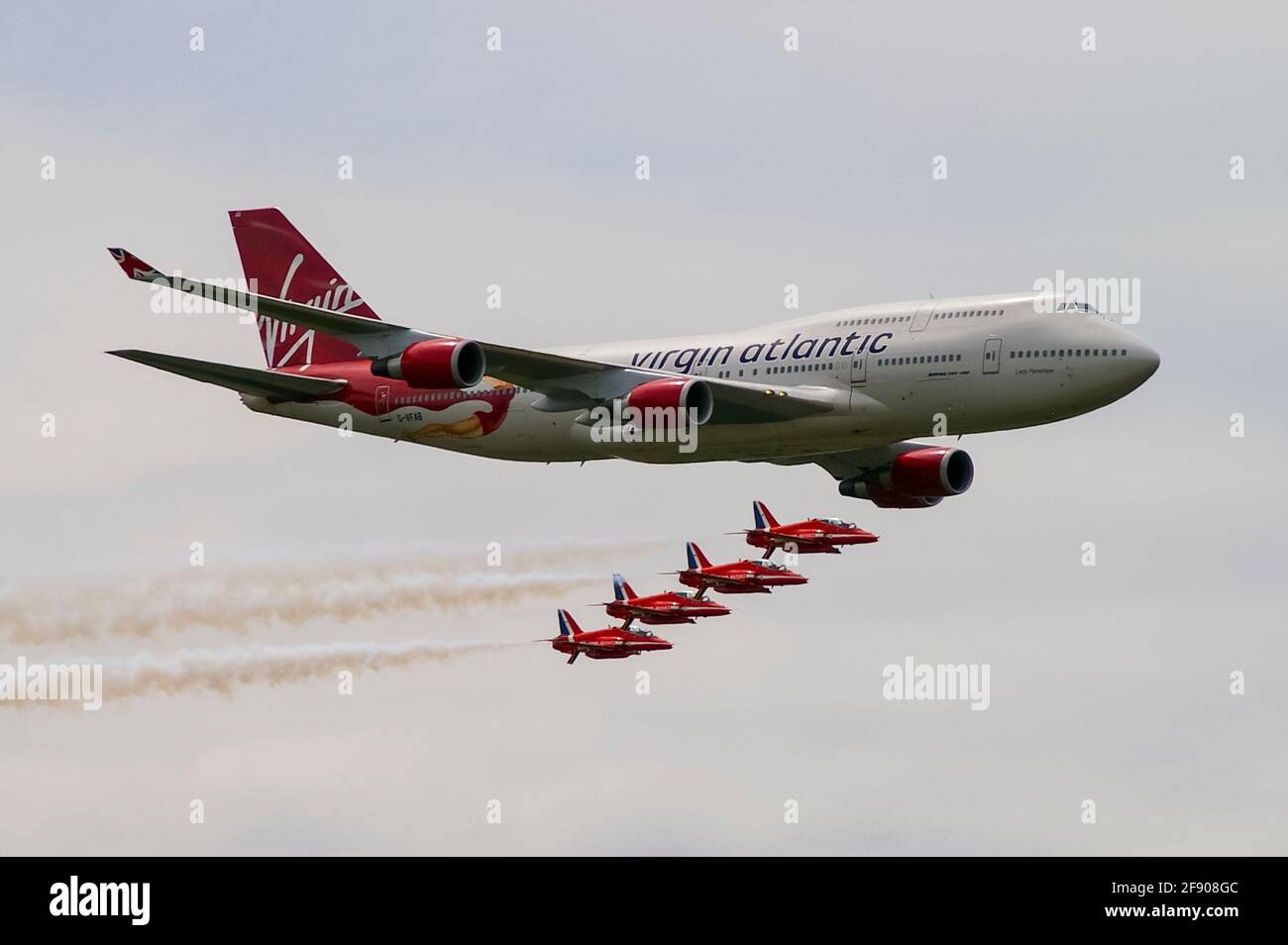 Virgin Atlantic Boeing 747 Jumbo Jet plane flying in formation with RAF ...