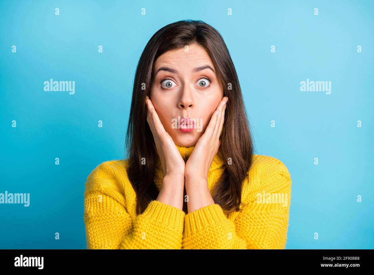 Close-up portrait of lovely funky amazed girl news wow reaction pout ...