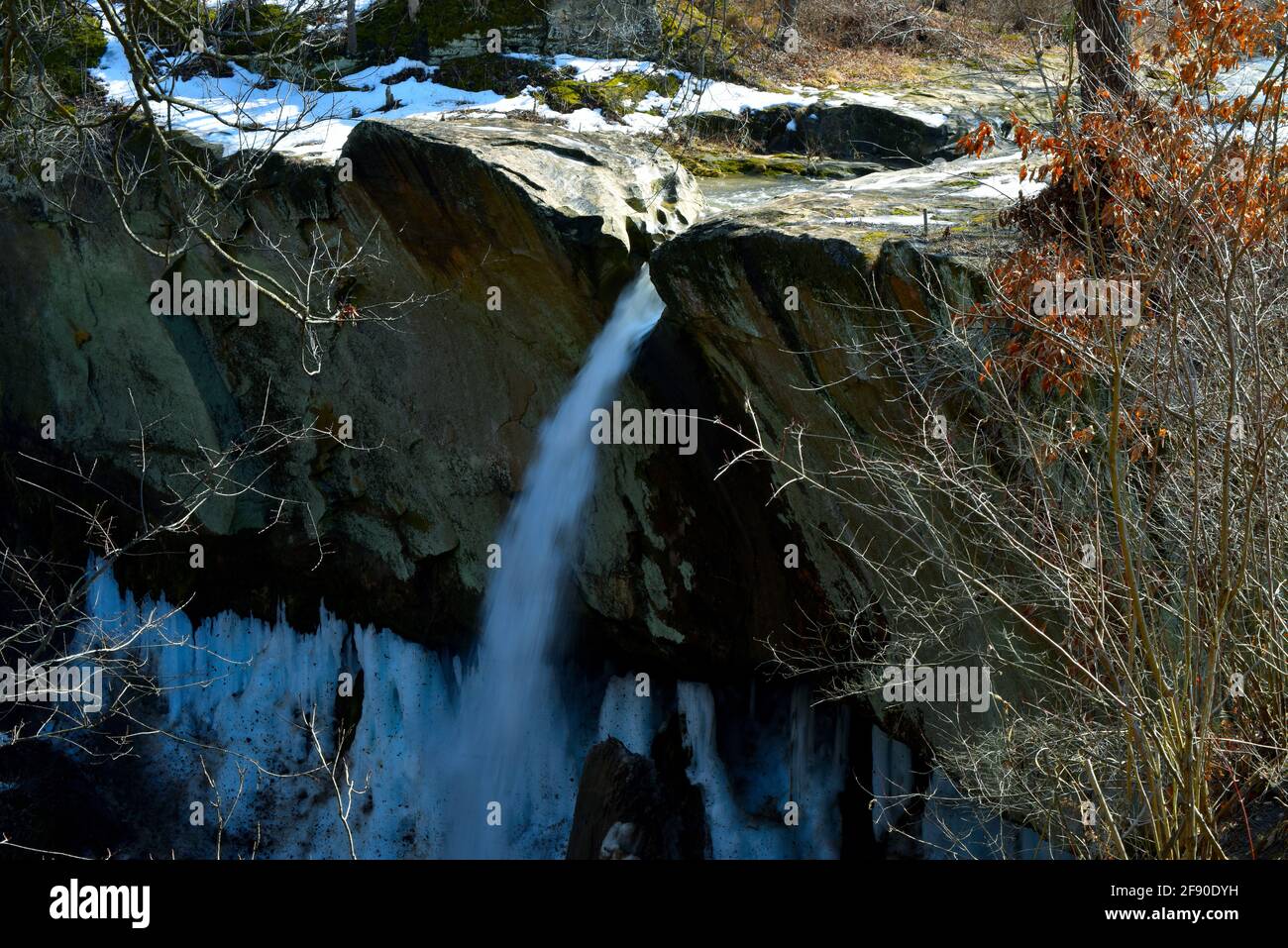 Small beautiful sylvan waterfall in winter Stock Photo - Alamy