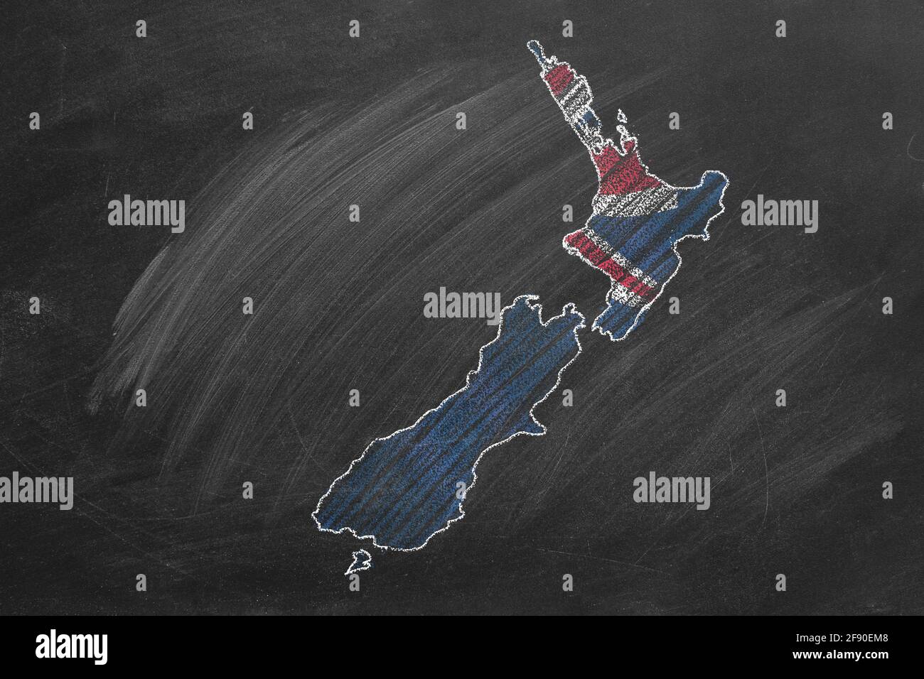 Country map and flag of New Zealand drawing with chalk on a blackboard ...