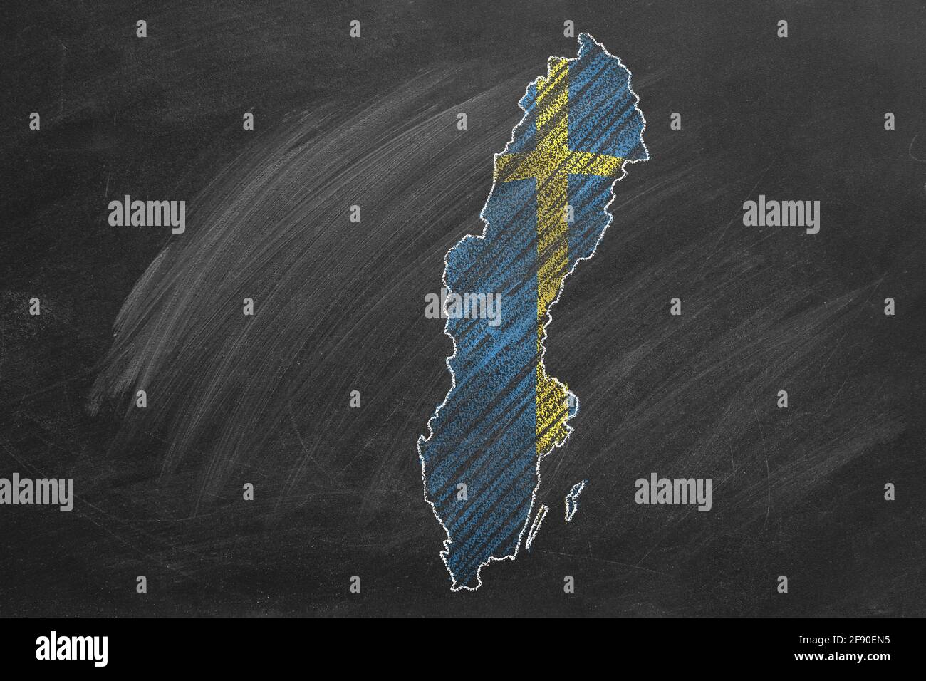 Country map and flag of Sweden drawing with chalk on a blackboard. One ...