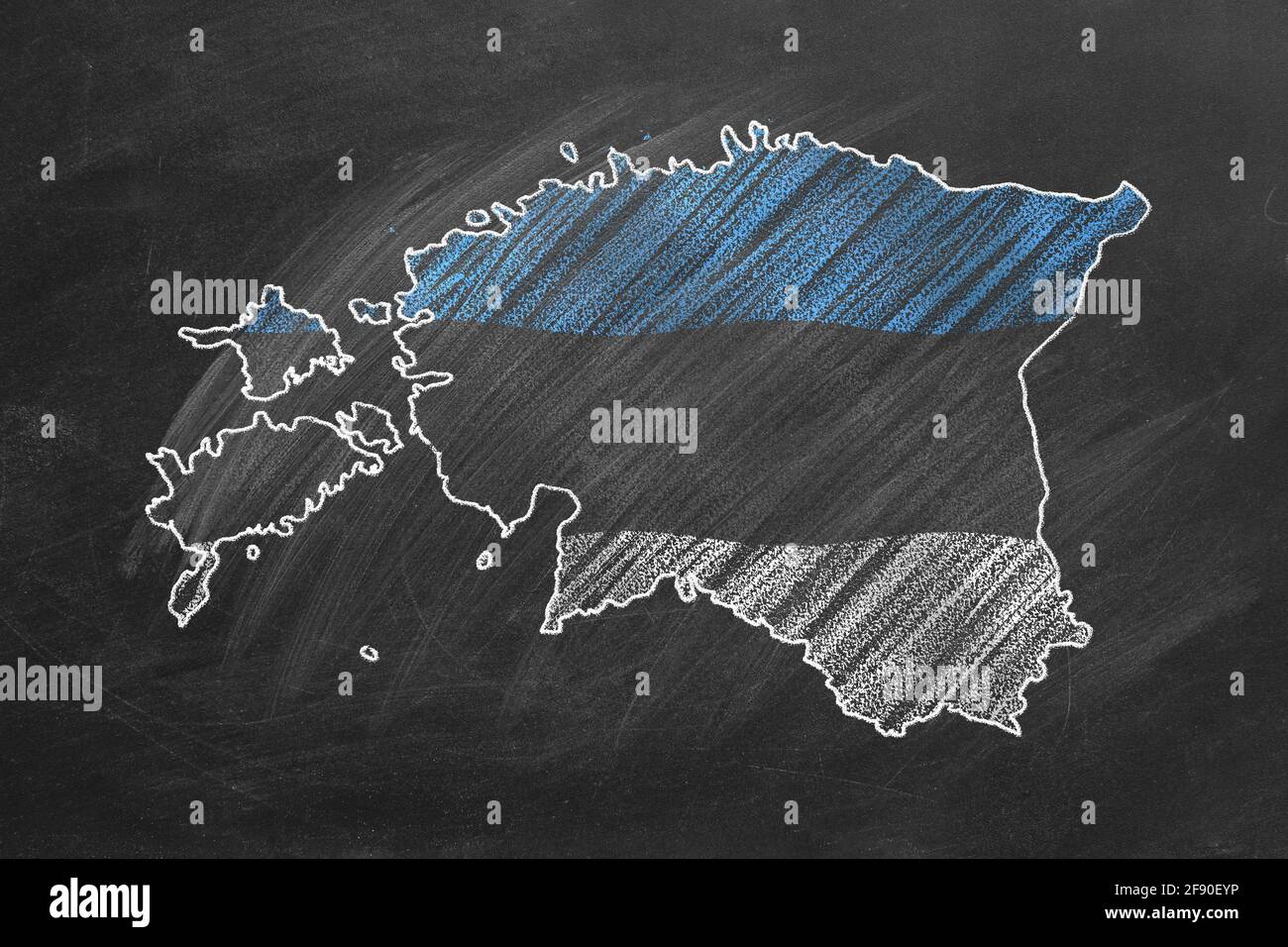 Country map and flag of Estonia drawing with chalk on a blackboard. One ...