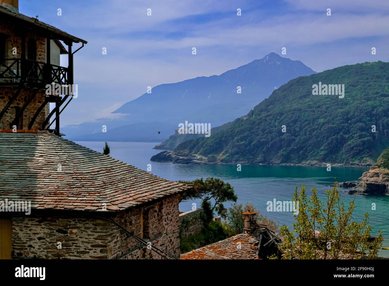 Misty Bay Near Mountain Range Stock Photo - Alamy
