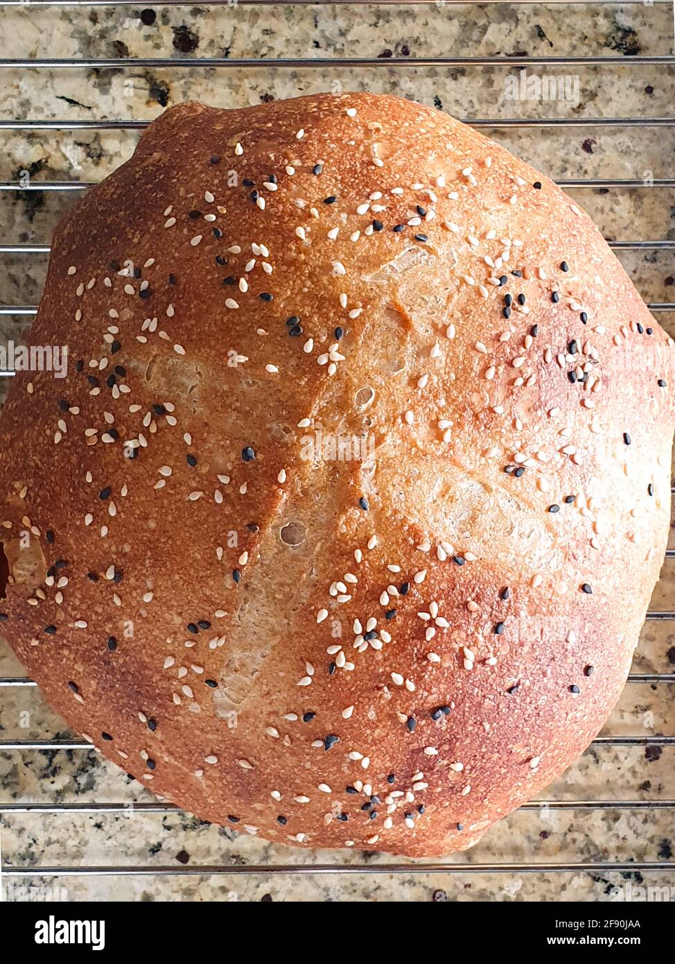 Round wheat whole grain bread loaf with black white cesame flat lay ...