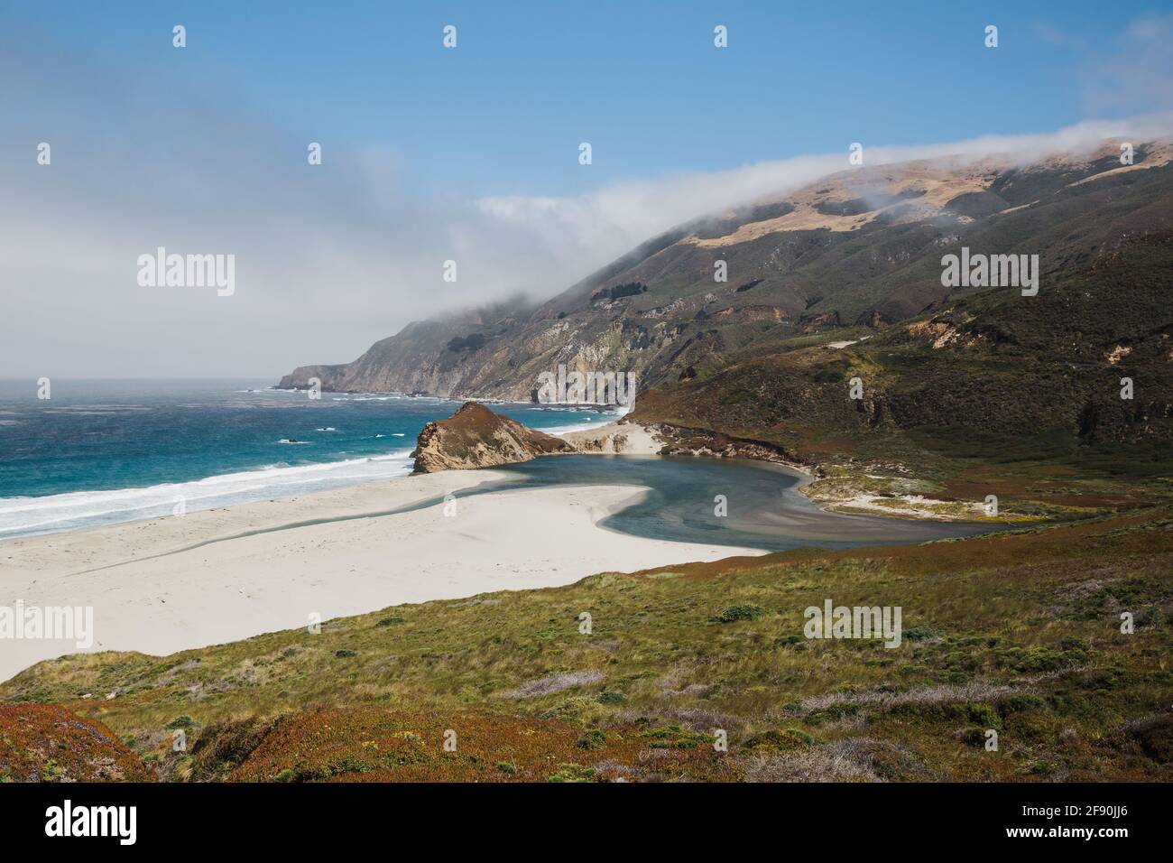 Scenic view of Little Sur River outlet on coast of Big Sur, California ...