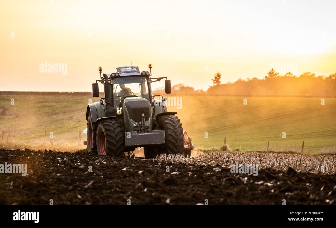 Ploughing a field at sunset with a tractor and plough, ready for crops ...