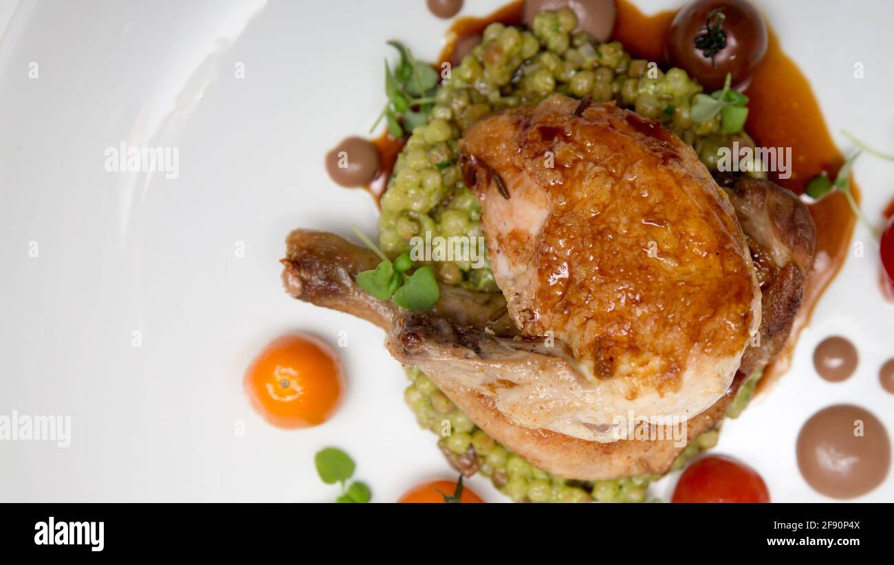 Top view of a gourmet fancy dish with chicken and vegetables Stock ...