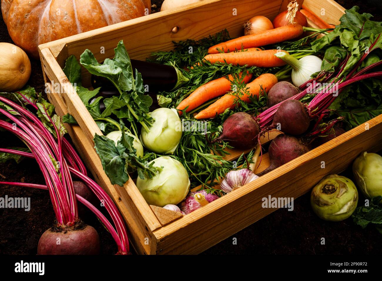Fresh raw ripe vegetables Healthy food in wooden box on black ground ...