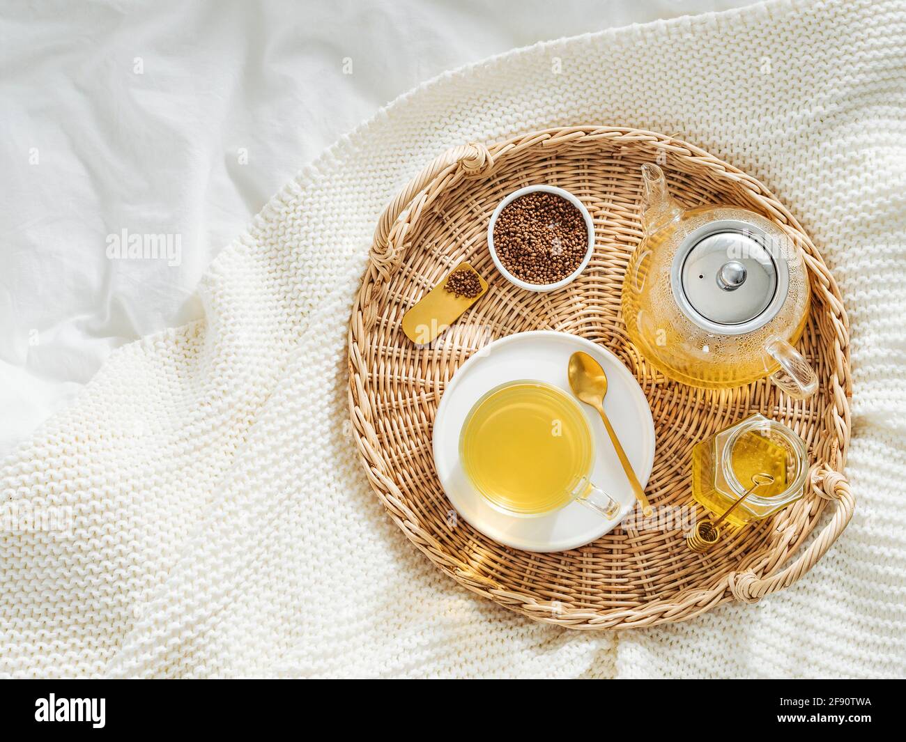 Buckwheat tea or kuqiaocha. Top view of healthy soba tea in glass cup ...
