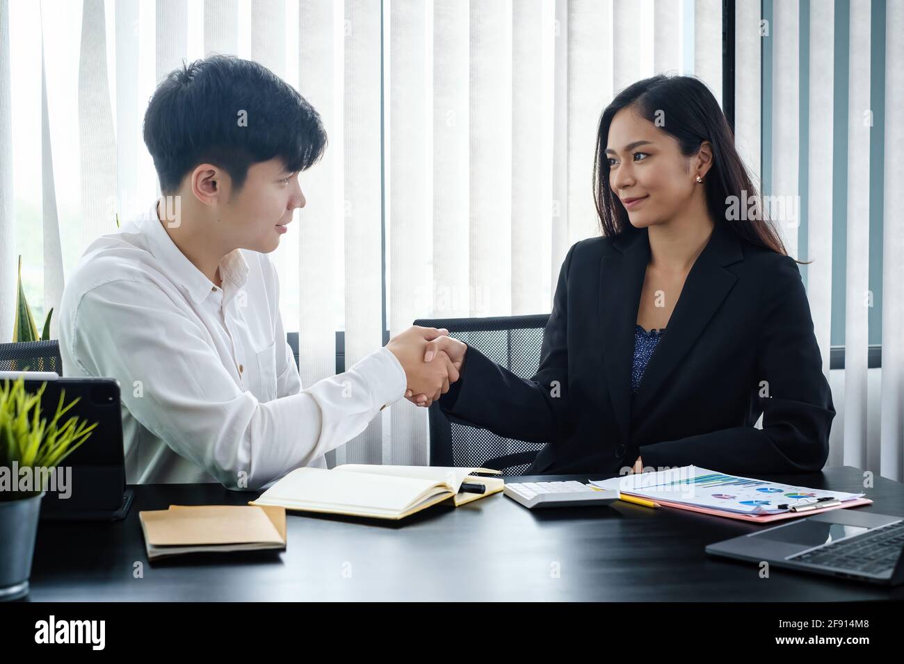 Finishing up meeting. Business and partners handshaking and agree make ...