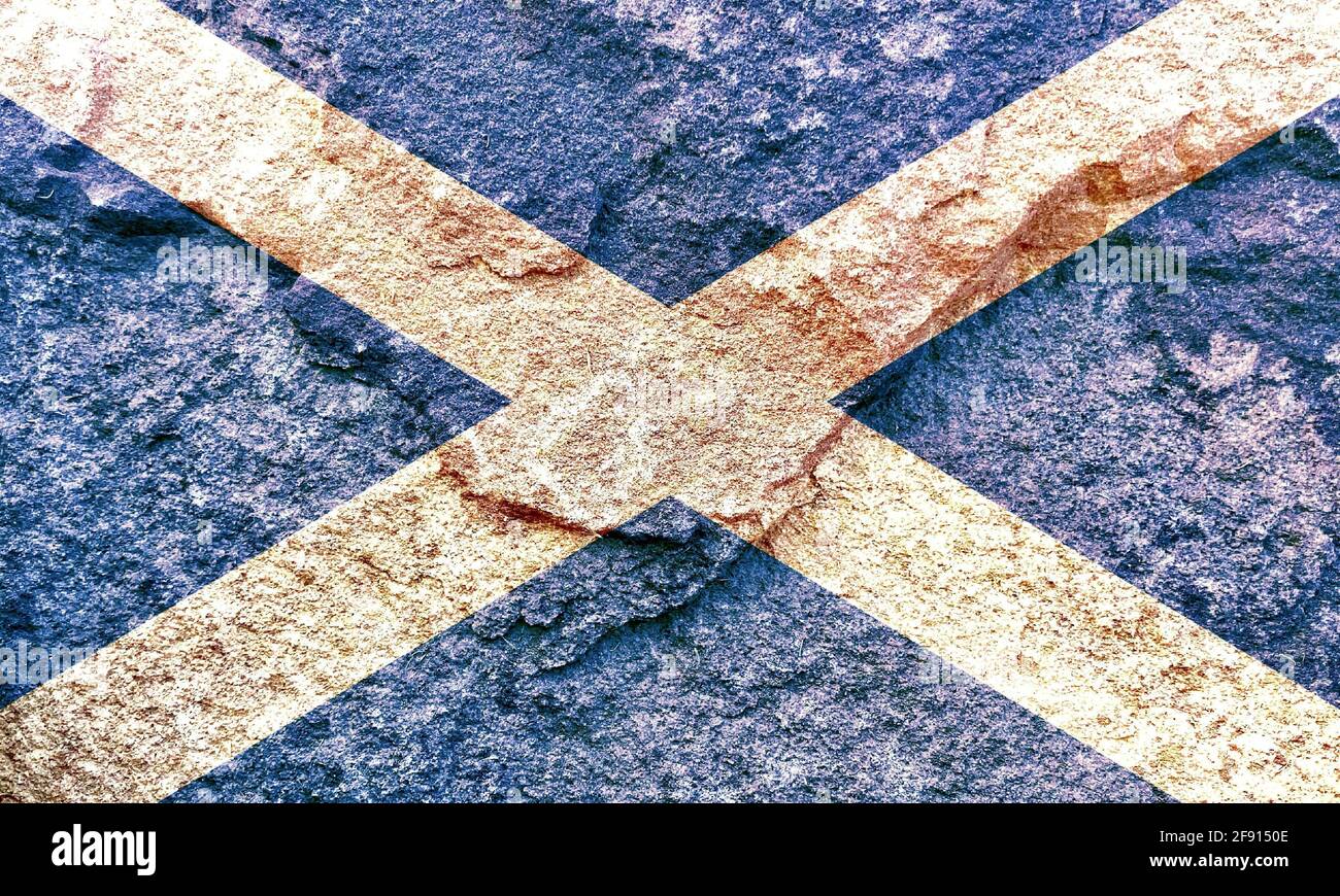 Scotland national flag icon pattern isolated on weathered rock wall ...