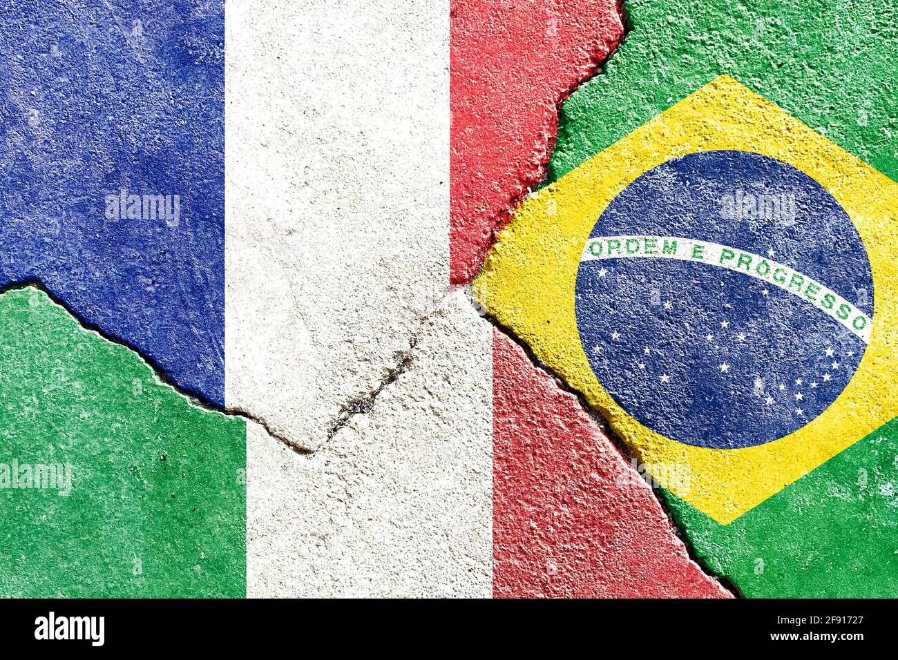 Political conflict concept France VS Italy VS Brazil, flags on a ...