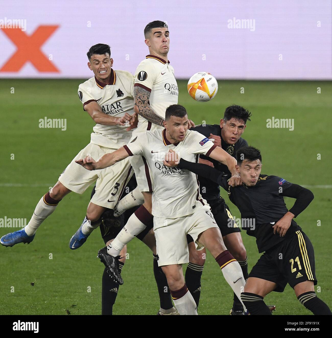 Rome, Italy. 15th Apr, 2021. Roma's Roger Ibanez (1st L), Gianluca ...