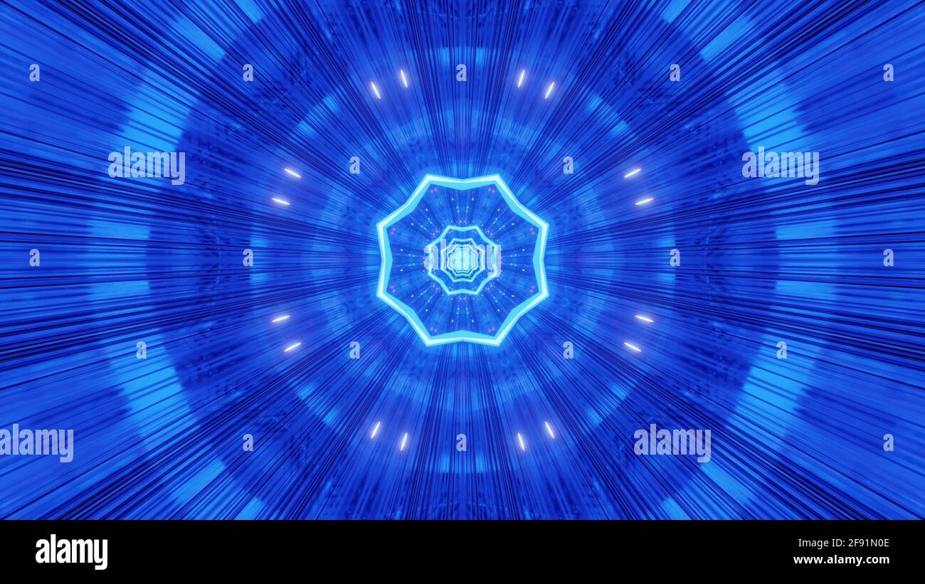 3D rendering of futuristic bright neon blue fractal flower shaped ...