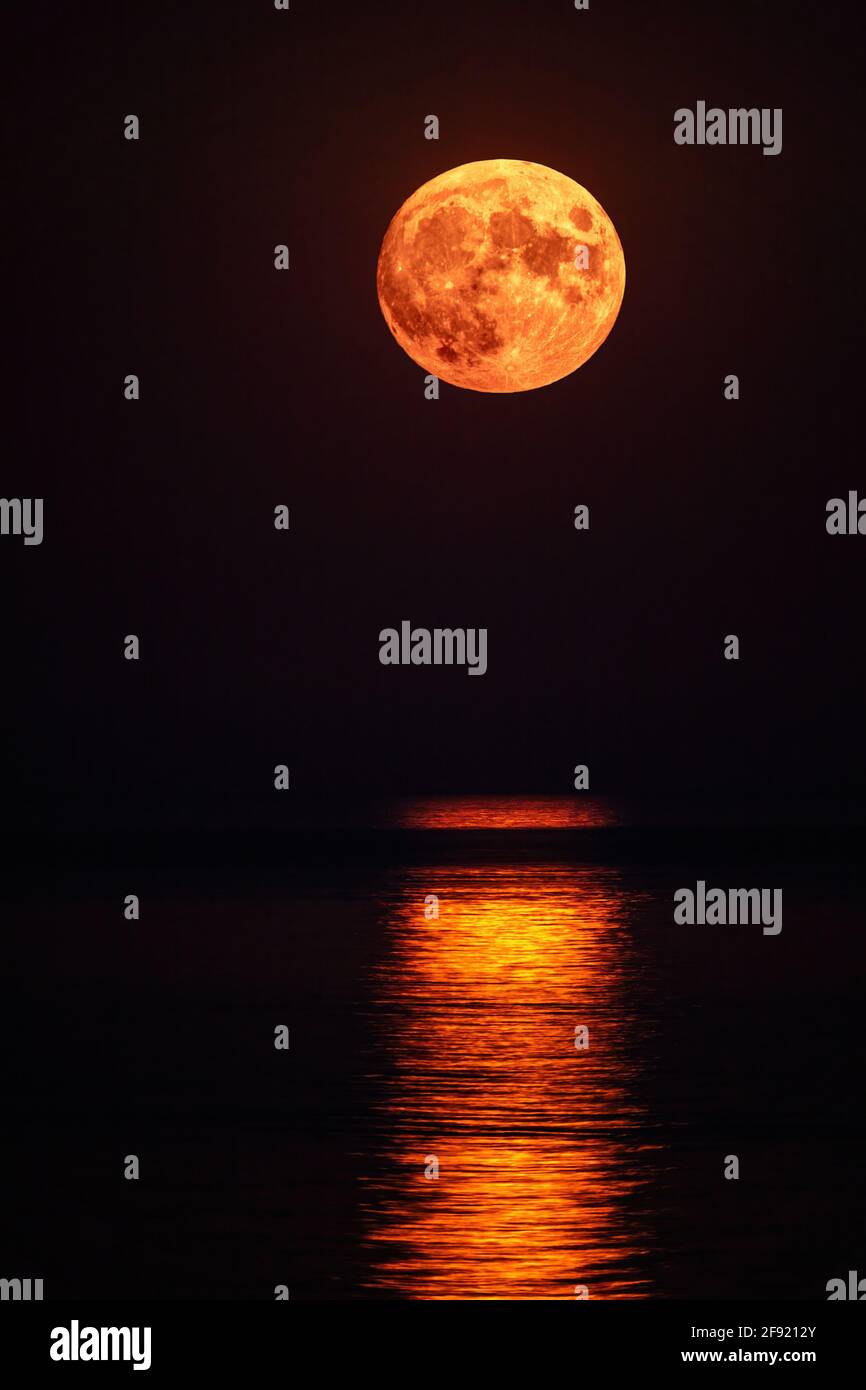 Super full blood moon and moon light over the sea. Full red moon with ...