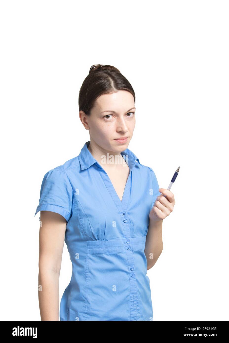 Portrait of young beautiful well-groomed modest women in blue strict ...