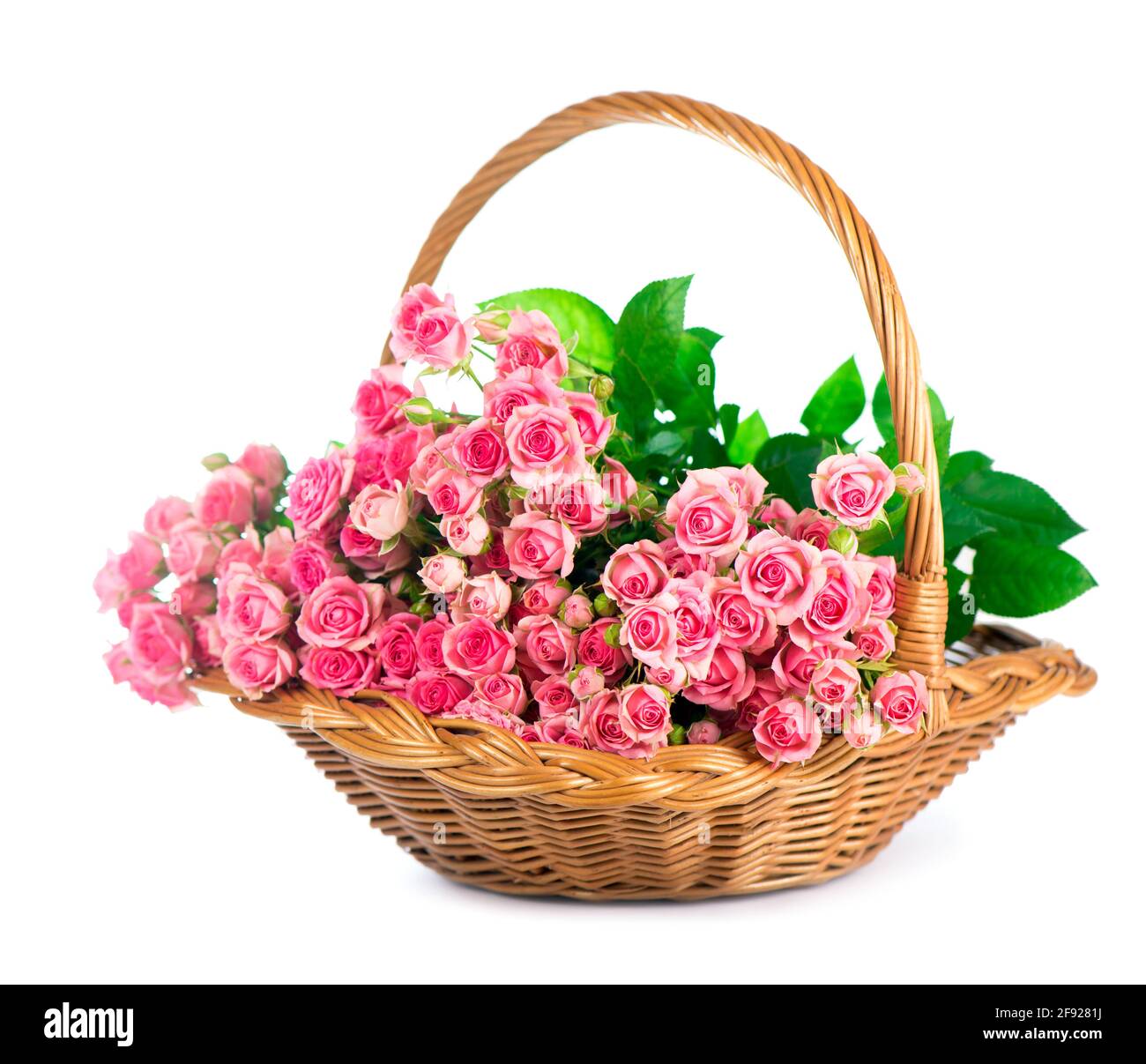 bouquet of pink roses in basket isolated on white background Stock ...