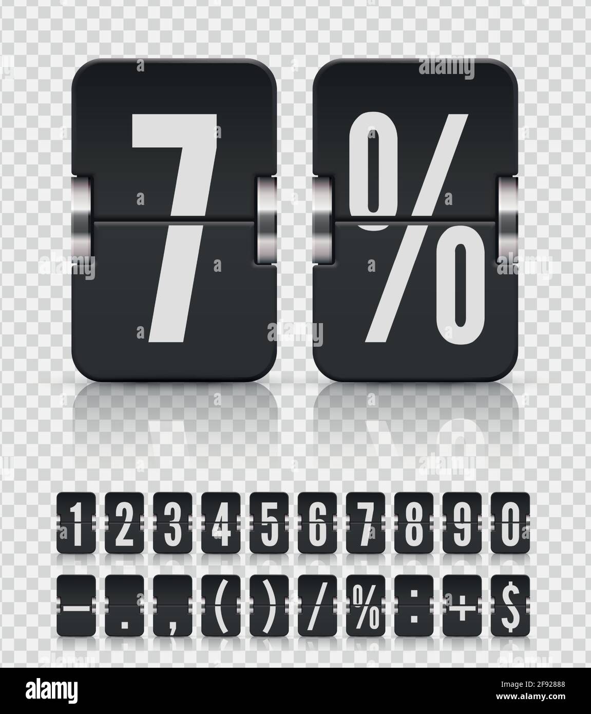 Set of black flip numbers and symbols on a mechanical scoreboard with ...