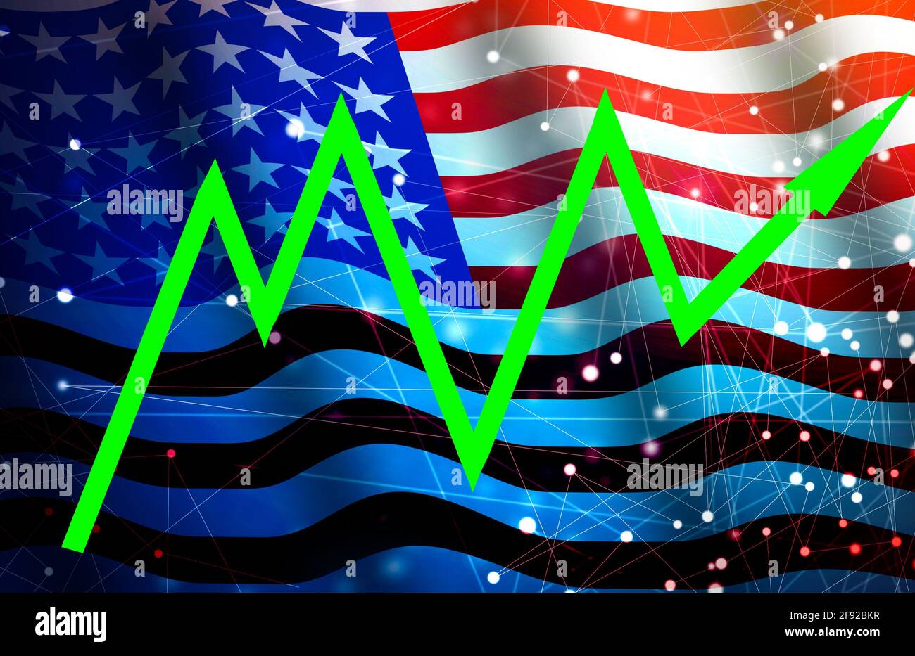 USA flag, upward rising arrow, graphs and charts. Economic recovery ...