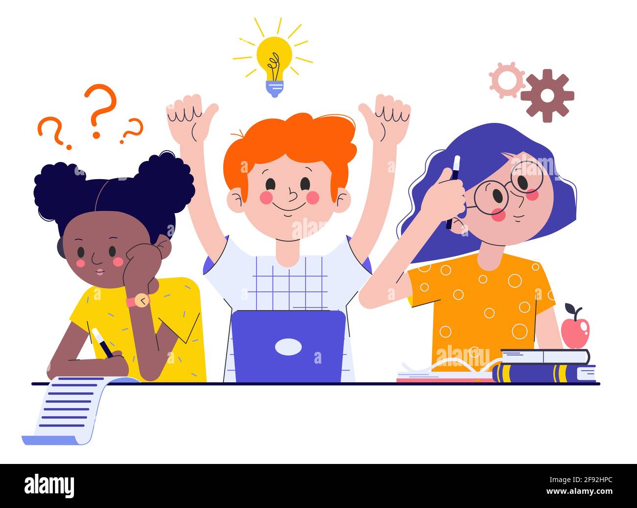 Classmates at the exam. Girls and a boy doing an assignment in the ...