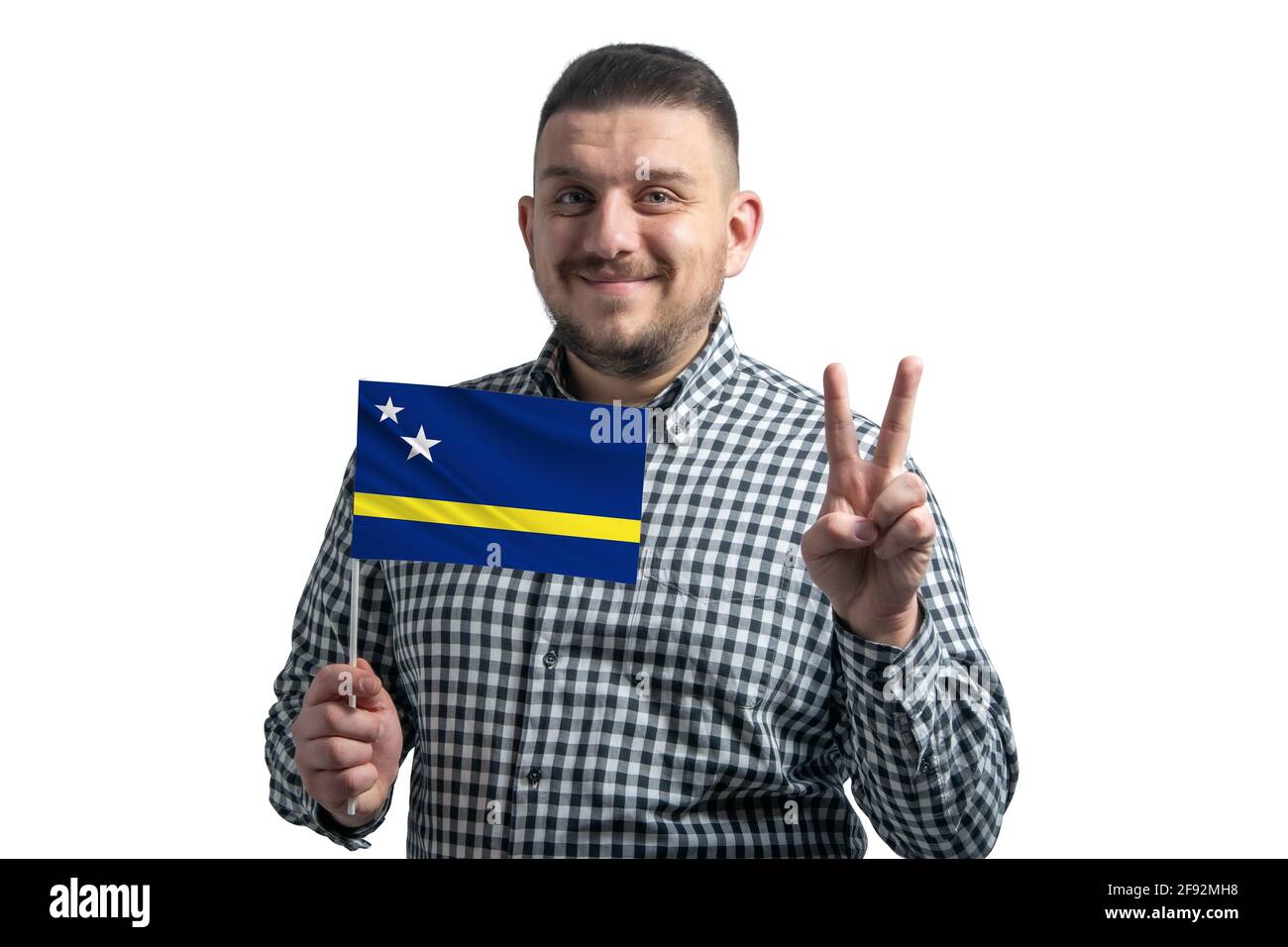 White guy holding a flag of Curacao and shows two fingers isolated on a ...