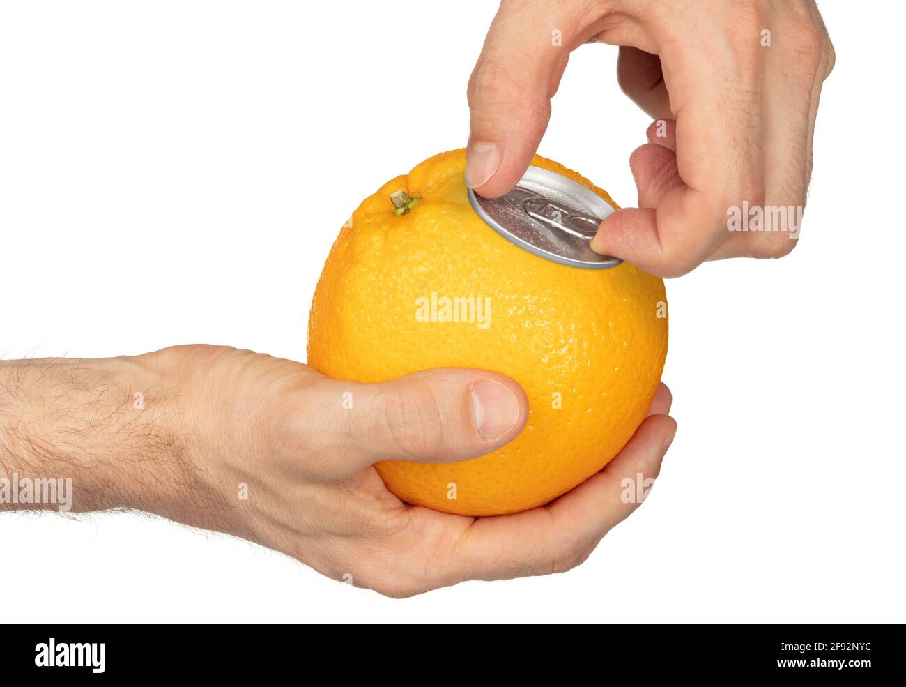 Adult opening an orange soft drink in a orange 'package', isolated on ...
