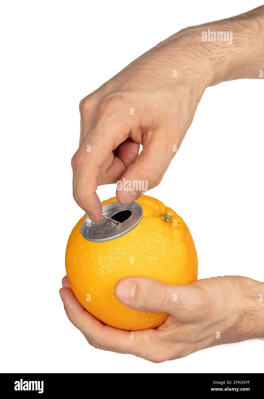 Adult opening an orange soft drink in a orange 'package', isolated on ...
