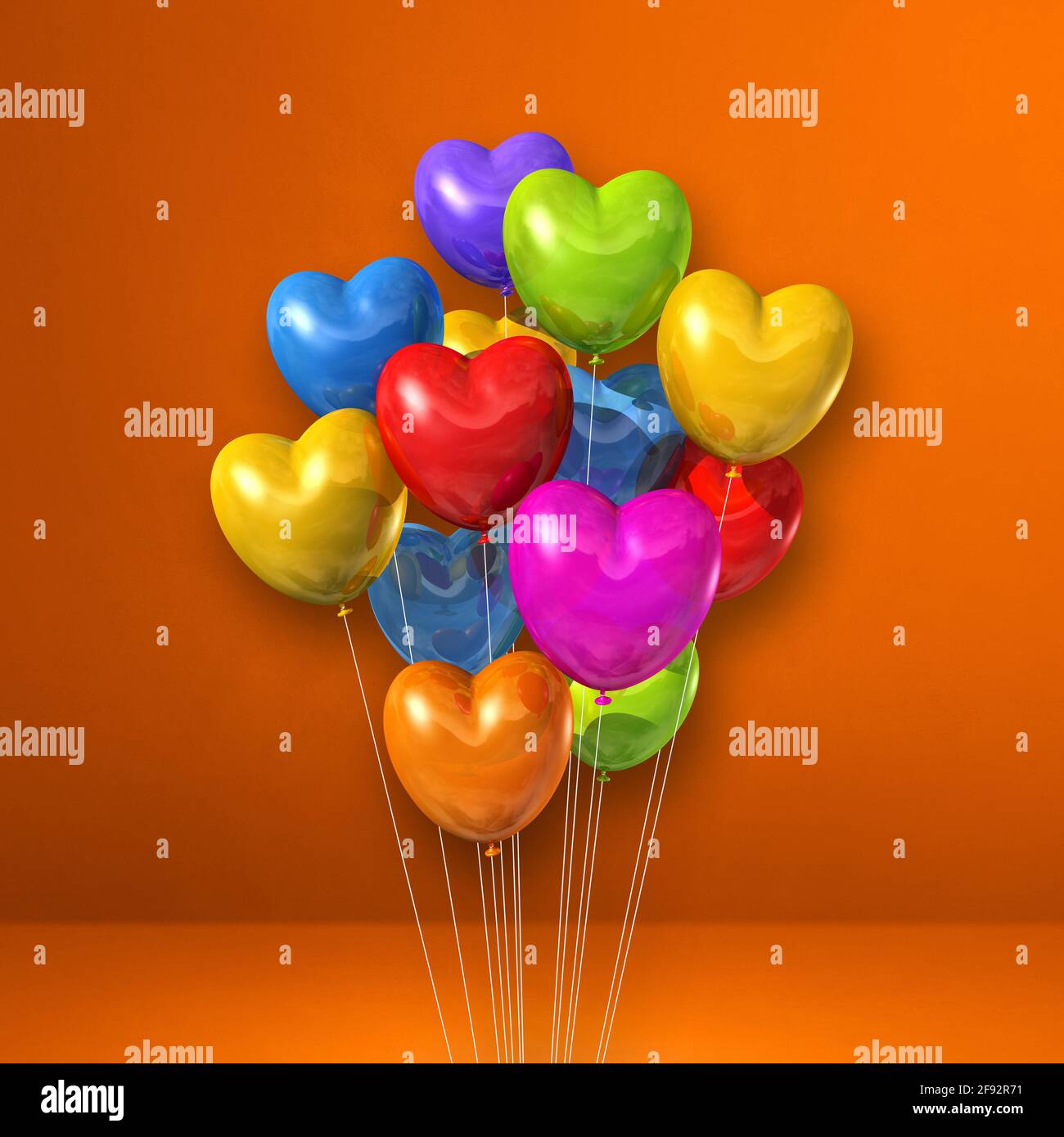 Colorful heart shape balloons bunch on orange wall background. 3D ...