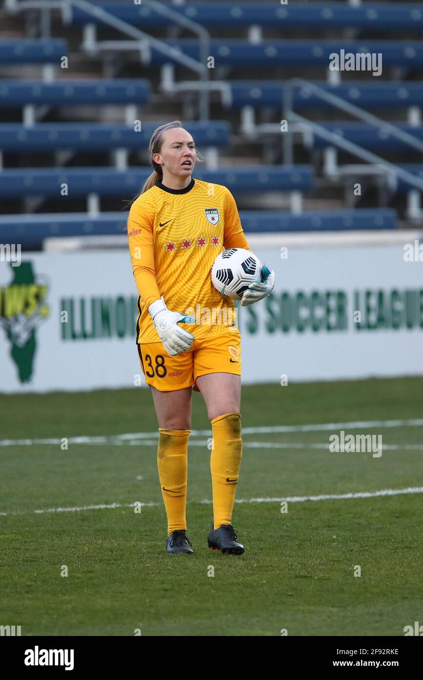 Chicago Red Stars goalkeeper Cassie Miller (38) holds the ball during a ...