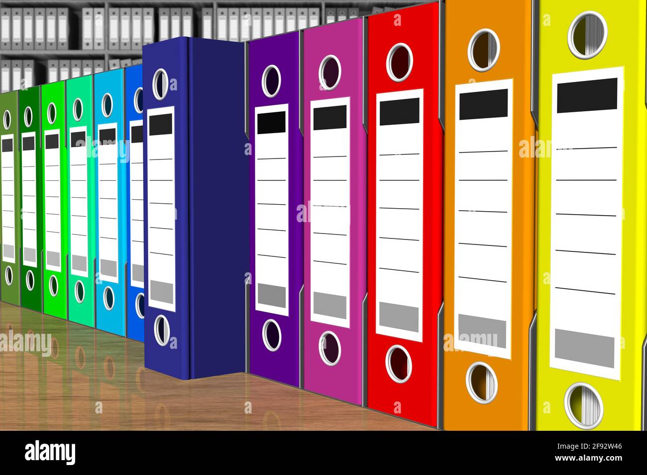3D illustration. Series of folders of various colors wallets for ...