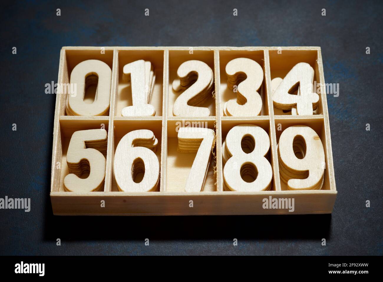 Wood numbers in a box Stock Photo - Alamy