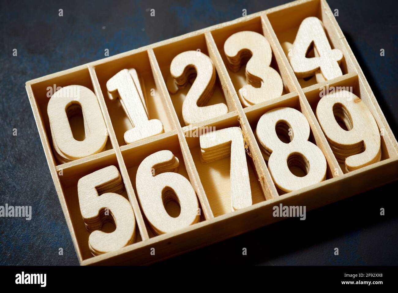 Wood numbers in a box Stock Photo - Alamy