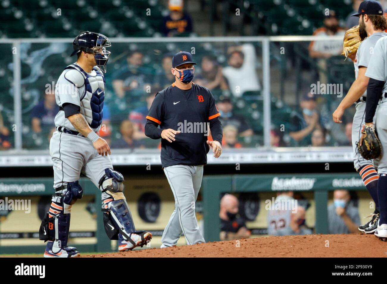 Detroit Tigers manager AJ Hinch comes out to make a pitching change ...